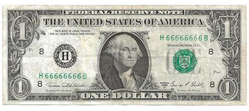 Solid 6's $1 Federal Reserve Note Serial Number H 66666666 B Rare Bill ...