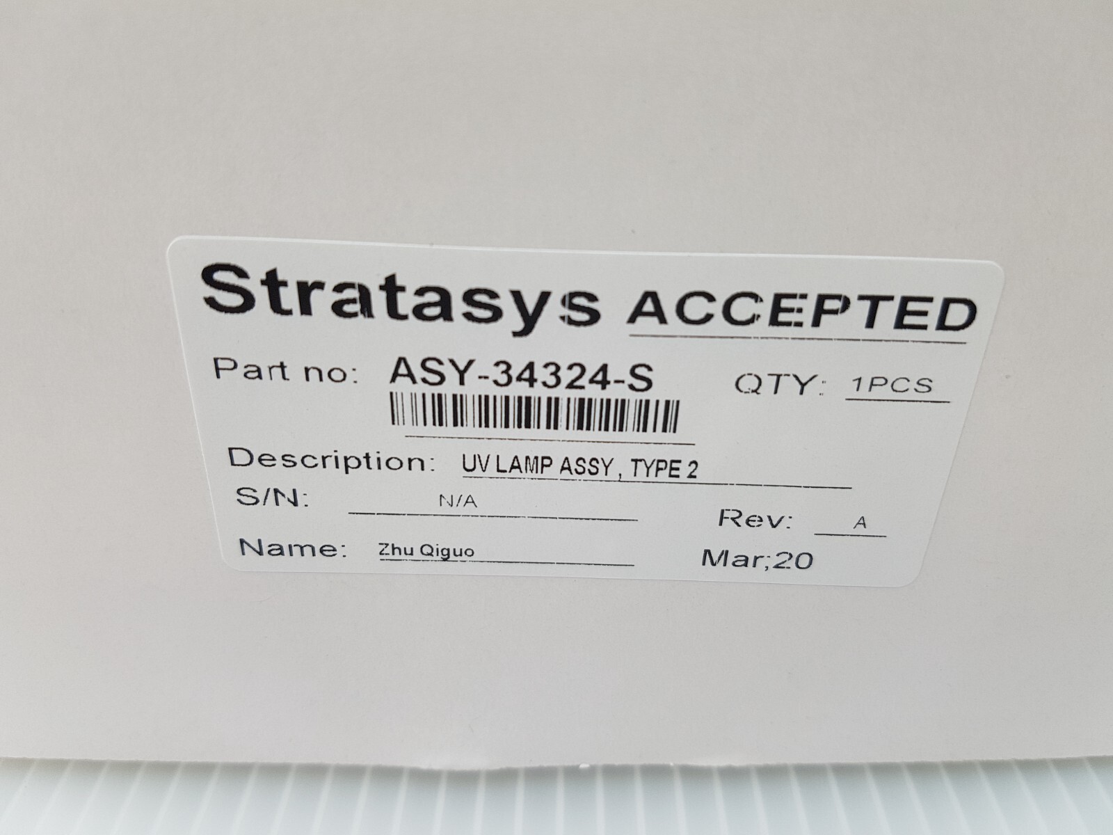 STRATASYS ASY-34324-S UV LAMP ASSY TYPE 2 WITH LAMP BULB for sale ...