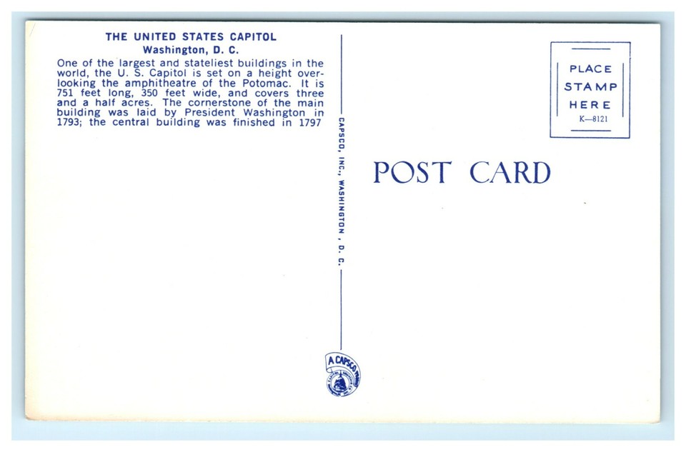 POSTCARD US Capitol Washington DC Senate Large White Building Started ...