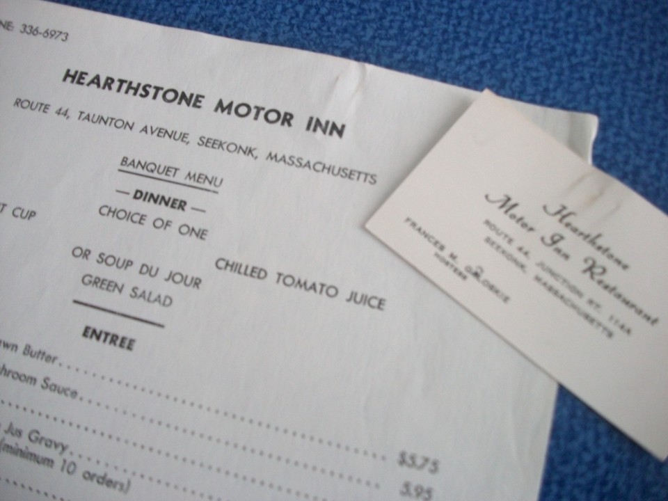 HEARTHSTONE MOTOR INN: DINNER MENU & BUISNESS CARD SEEKONK, MASS | eBay