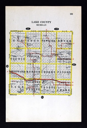 1917 Bowen Michigan Road Map Lake County Baldwin Luther peacock Sauble ...