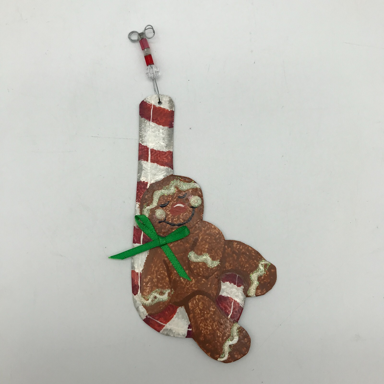 Sleeping Gingerbread Man on Candy Cane Christmas Ornament Hand Painted ...