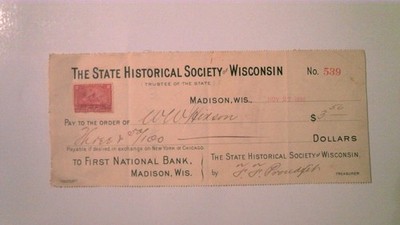 1899 STATE HISTORICAL SOCIETY WI BANK CHECK W/REVENUE STAMP | eBay