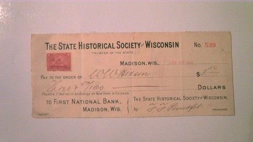 1899 STATE HISTORICAL SOCIETY WI BANK CHECK W/REVENUE STAMP | eBay