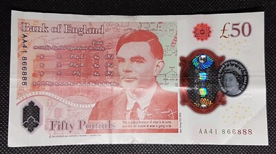 RARE AA41 866888 LUCKY 888 Alan Turing £50 Fifty Pound Note Polymer ...