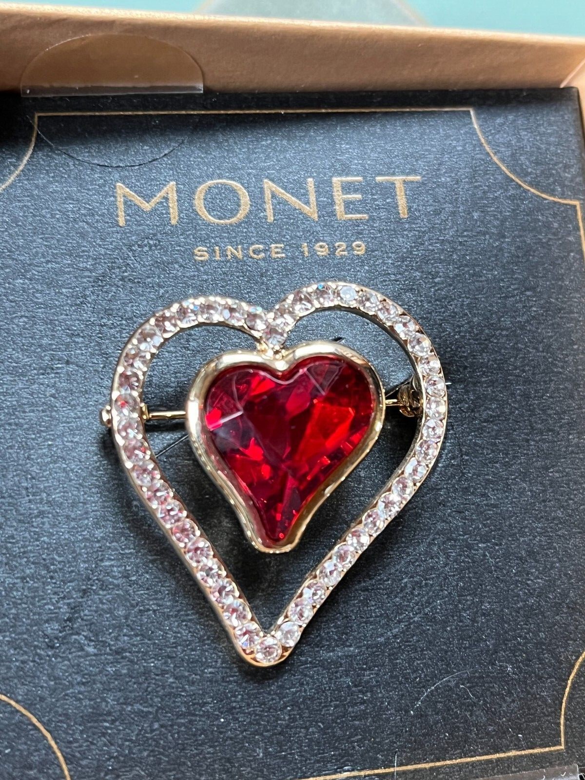Estate Monet Goldtone w Jelly Red Heart Shaped Cab & … - Gem