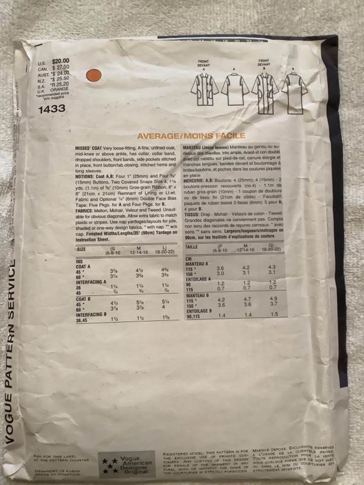 Vogue ATTITUDES Sewing Pattern MISSES' COAT 1433 ALL SIZES INCLUDED | eBay