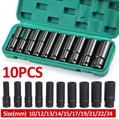 10pcs Metric 1/2" Drive Deep Impact Sockets 10-24MM Garage Workshop ...