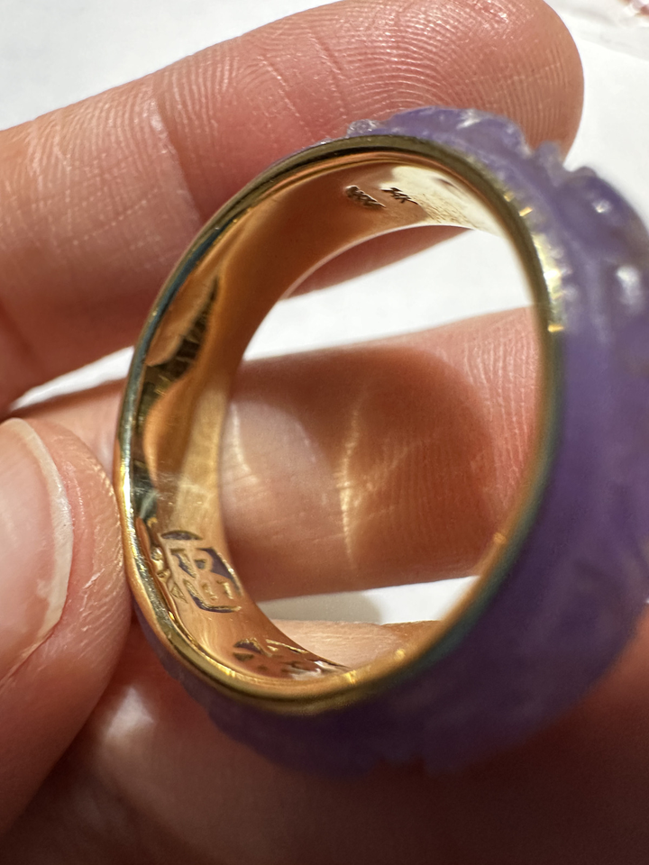 QVC Hallmarks 14k Gold Lavender Celadon Carved Jade Dragon Band Sz 11.5 ...
