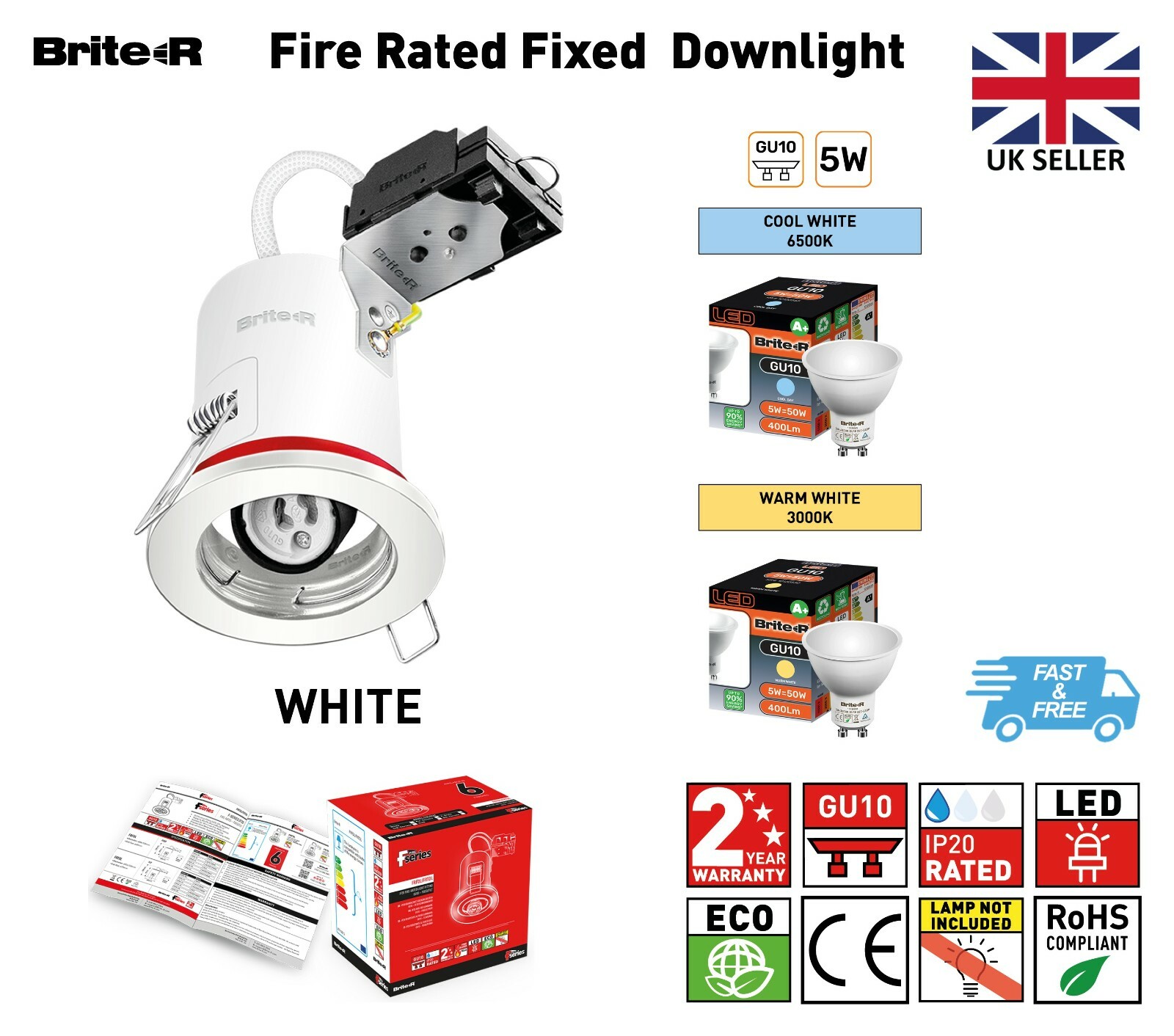 Fire Rated Fixed LED GU10 Downlights Recessed Ceiling Spotlights Warm ...