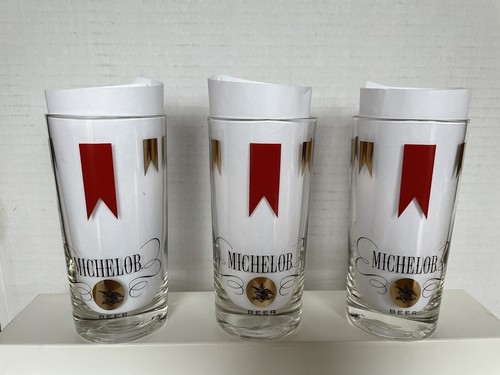 RARE Set Of 3 Vintage Michelob Beer Glasses RED & GOLD RIBBON TUMBLERS ...