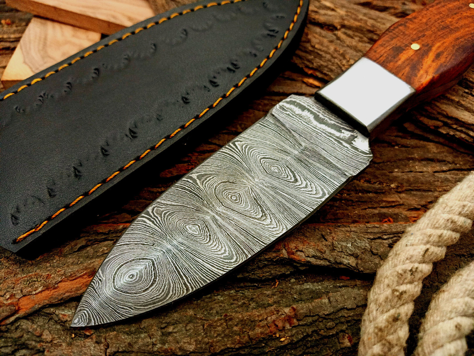 Custom Hand Forged Damascus Steel Boot Knife EDC, Full Tang Wood Handle ...