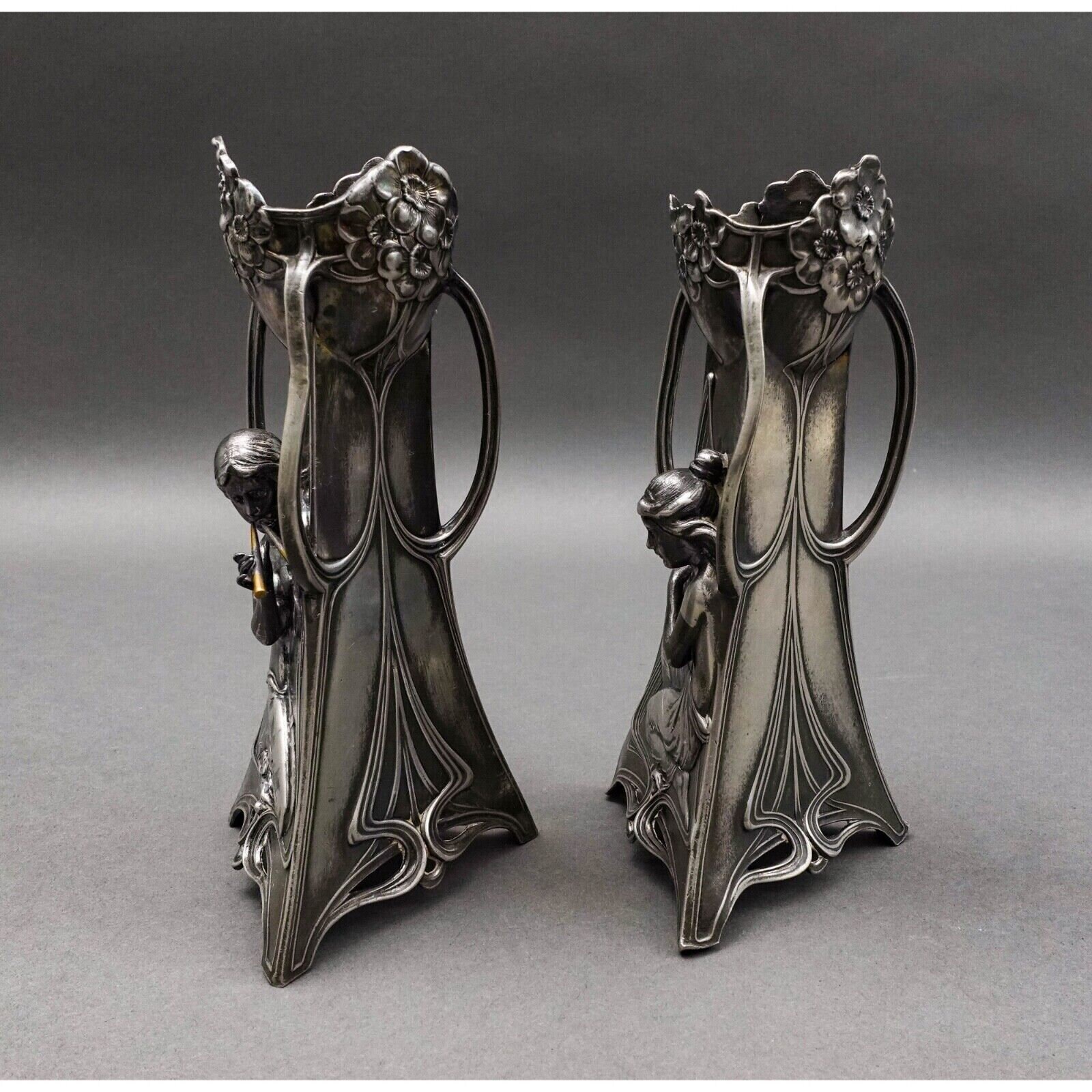 WMF Germany Pair Of Art Nouveau Silver Plated Girl With Harp Flute Vase ...