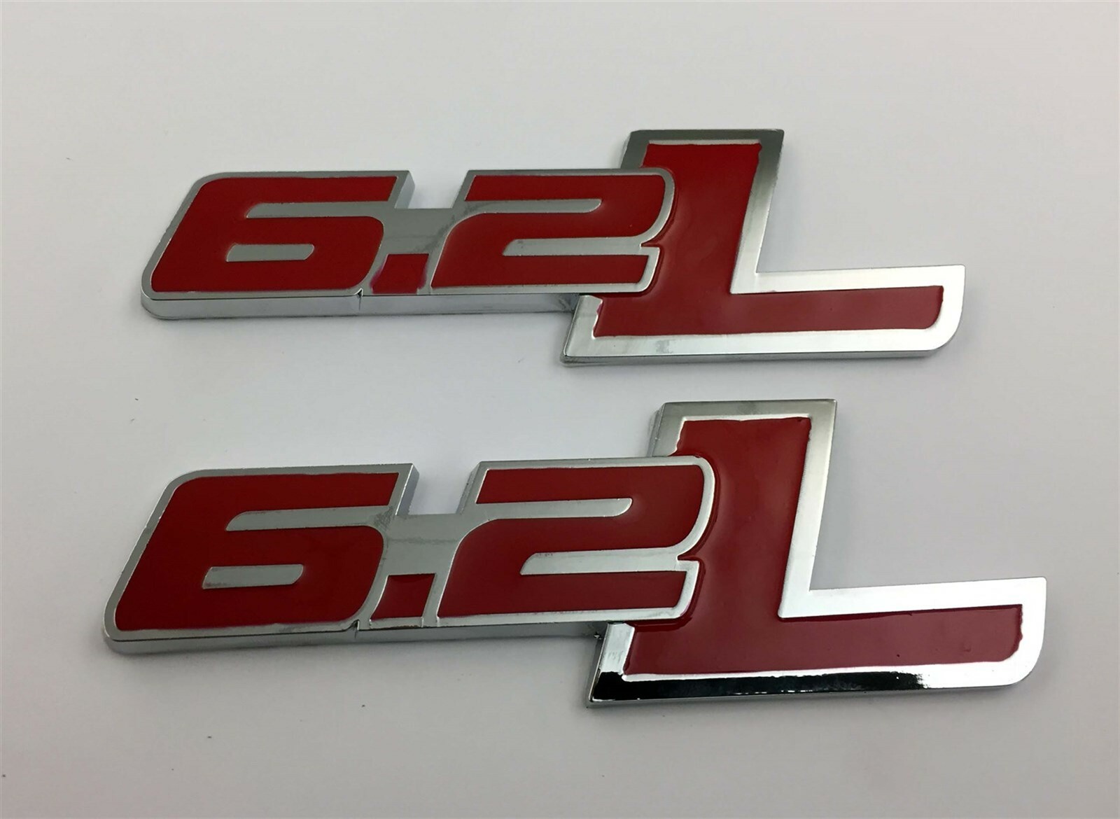 PAIR FORD CHEVY TRUCK 6.2L EMBLEMS UNIVERSAL CHROME/RED 4-3/4" X 1-3/4 ...
