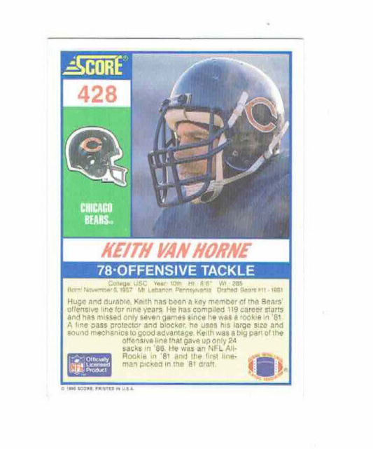 Keith Van Horne Chicago Bears #78 OT Score #428 Score 1990 Football ...