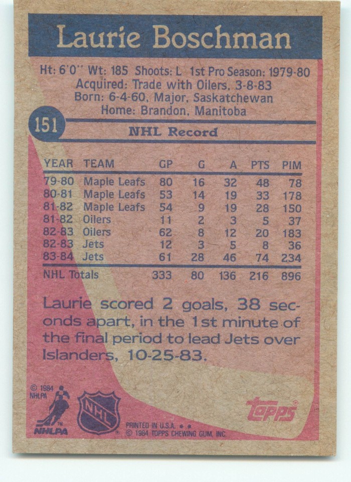 1984 Topps #151 Laurie Boschman Winnipeg Jets | eBay