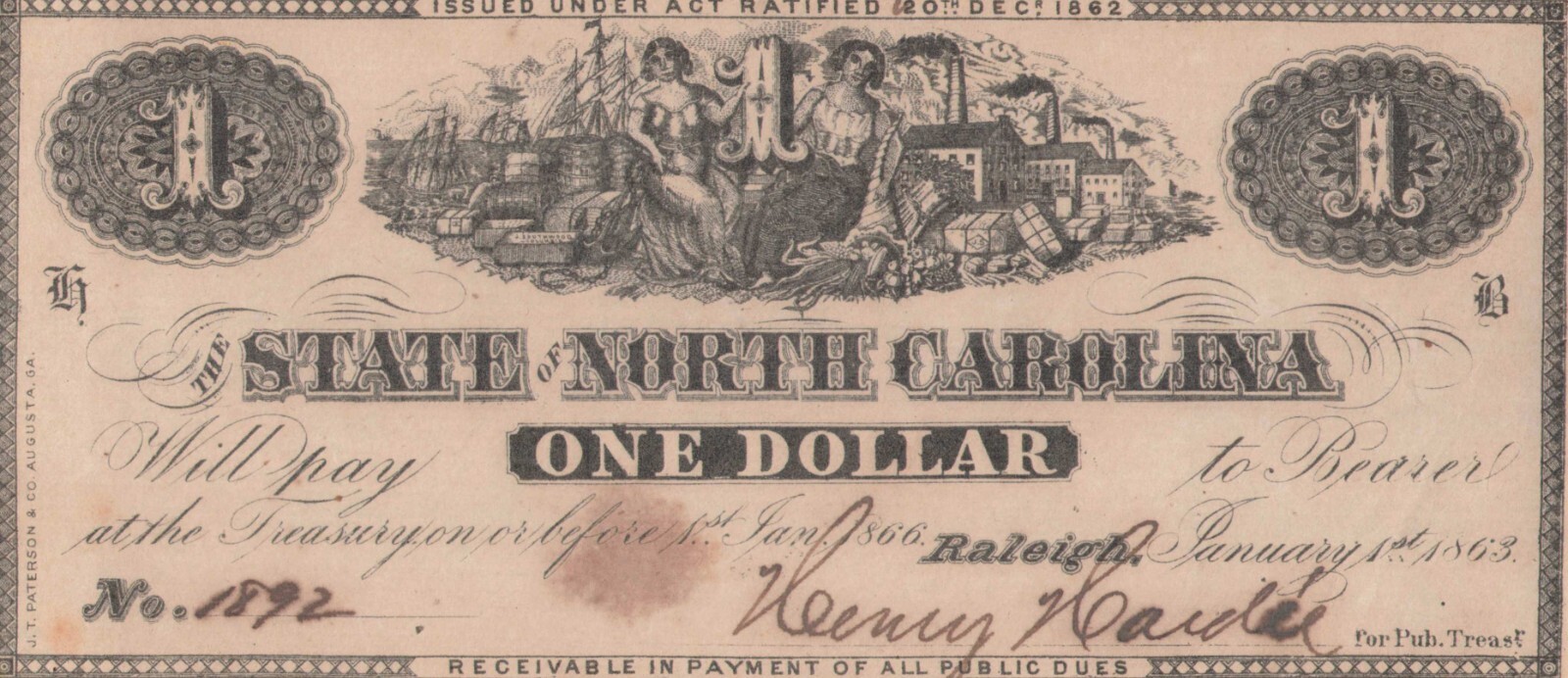 1863 $1 (Cr 132) State of NORTH CAROLINA Currency One Dollar (STUNNING ...
