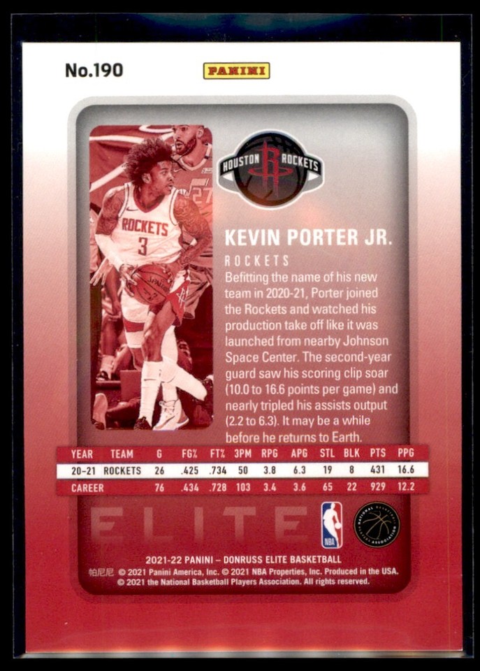 Kevin Porter Jr. 2021-22 Panini Donruss Elite Purple /49 #190 Houston ...