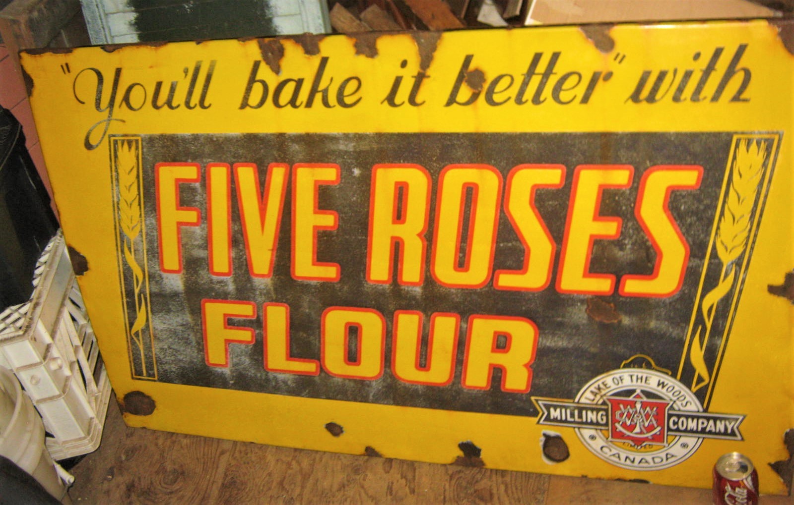 ANTIQUE CANADA MILL FIVE ROSES FLOUR PORCELAIN ART SIGN MILL BAKE WHEAT ...