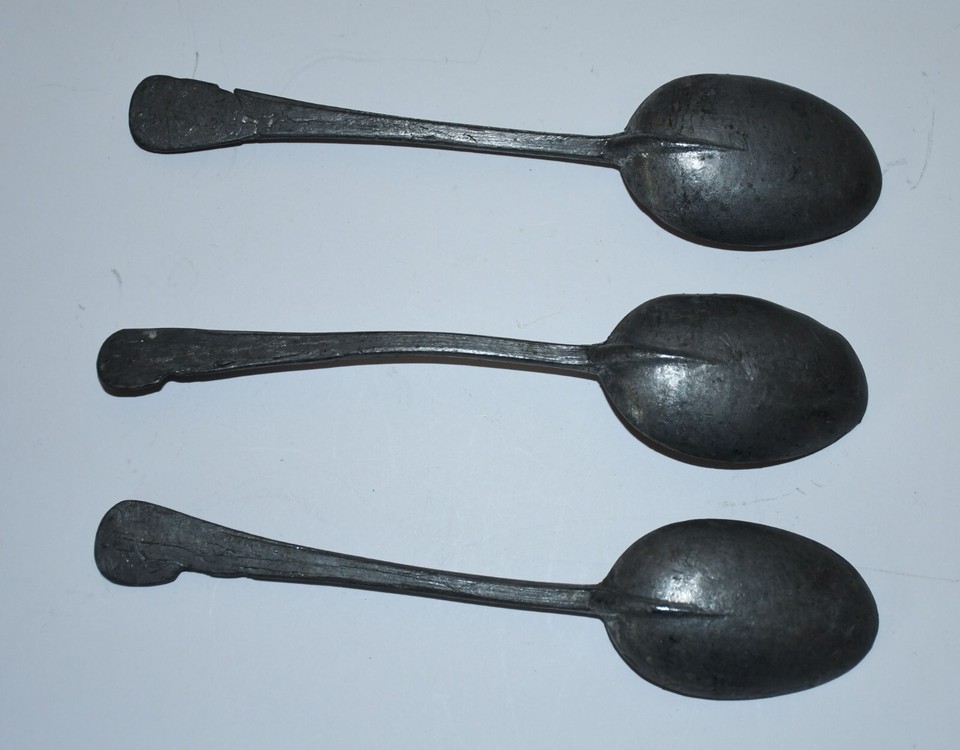 3 Matching Antique 7" Pewter Colonial Hannover Rat Tail Soup Spoons ...