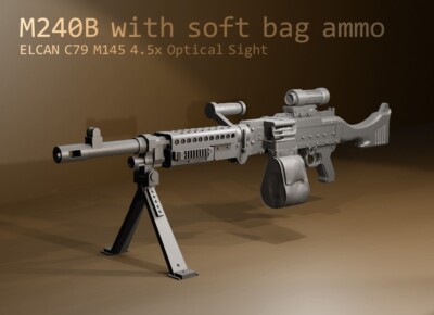 1/16 scale: M240 (M240B) with soft pouch ammunition and M145 scope (ID ...