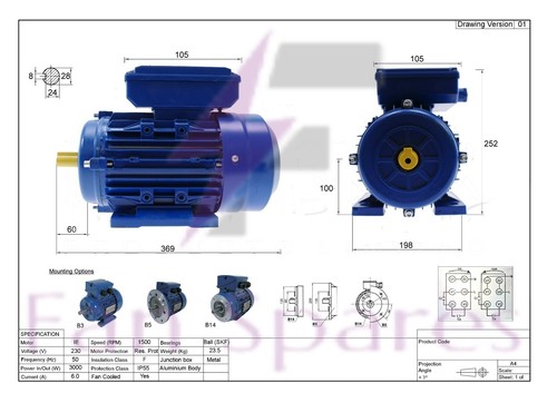 Electric Motor 3Kw 1500 RPM Single 1 Phase 100 Frame B3 B5 B14 B35 B34 ...