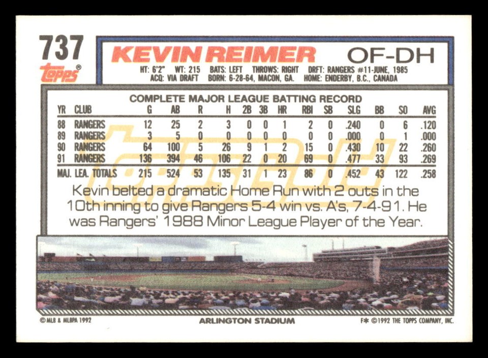 1992 Topps #737b Kevin Reimer Gold Winners | eBay