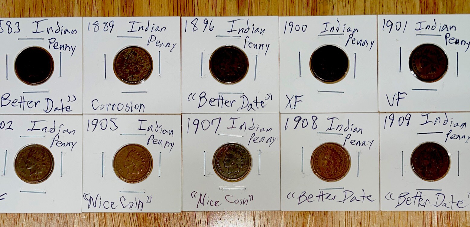 Lot of Ten Indian Pennies; 1883 1889 1896 1900 1901 1902 1905 1907 1908 ...