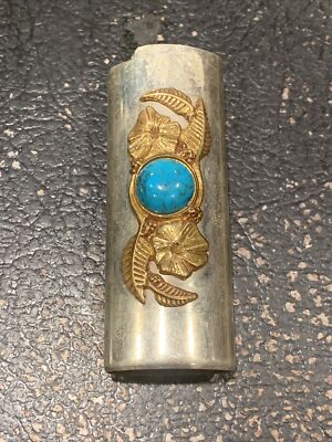 BIC LIGHTER NATIVE AMERICAN TURQUOISE CASE SILVER BRASS SLEEVE BIKER ...