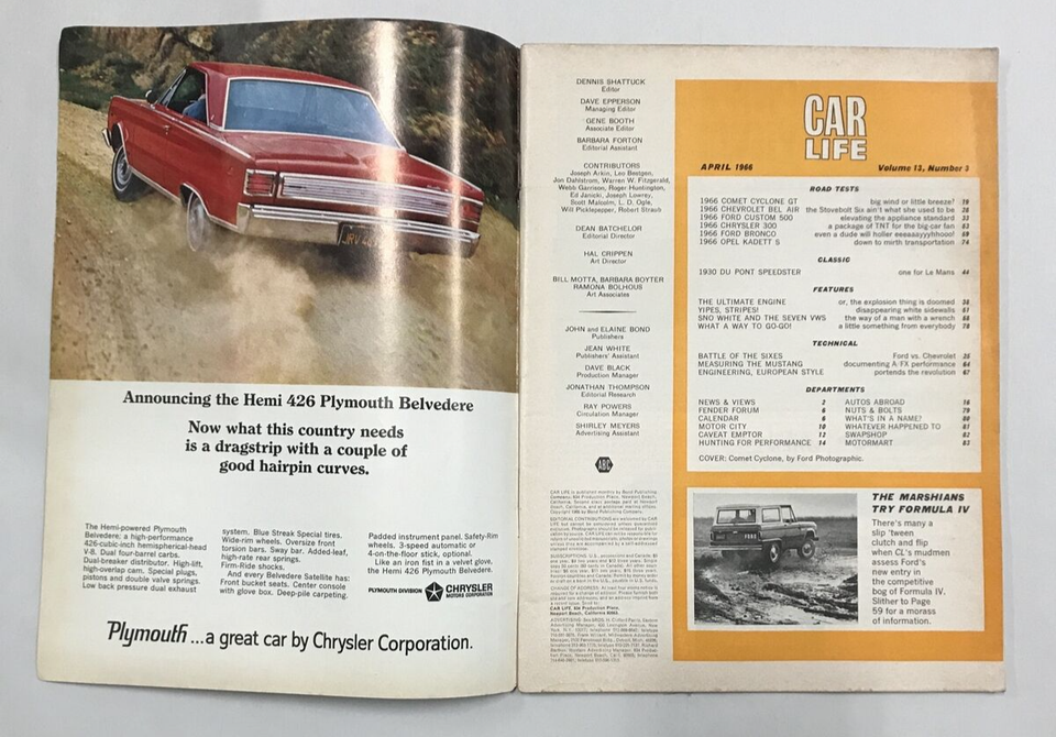 Car Life April 1966-Comet Cyclone GT/Chrysler 300/Chevy Bel Air Six/VG ...