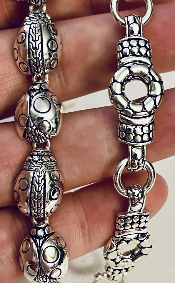 Lot of 3 Shiny Silver Tone Bracelets 7.5-7.75” Lady Bug Cuban Link More ...