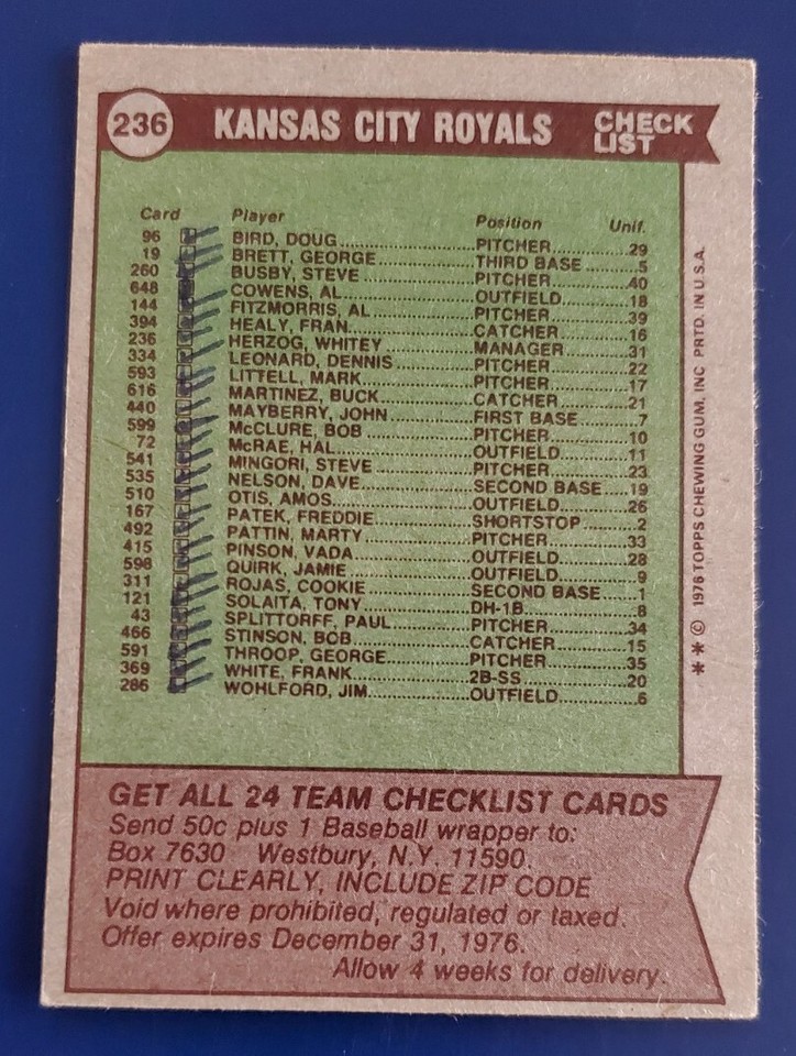 1976 Topps Kansas City Royals Team Card Whitey Herzog #236 | eBay