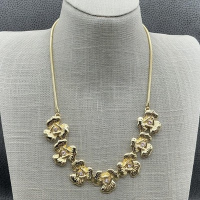 Talbots Necklace Gold Tone Pink Crystal Flower Bib 18 In Womens Fashion ...