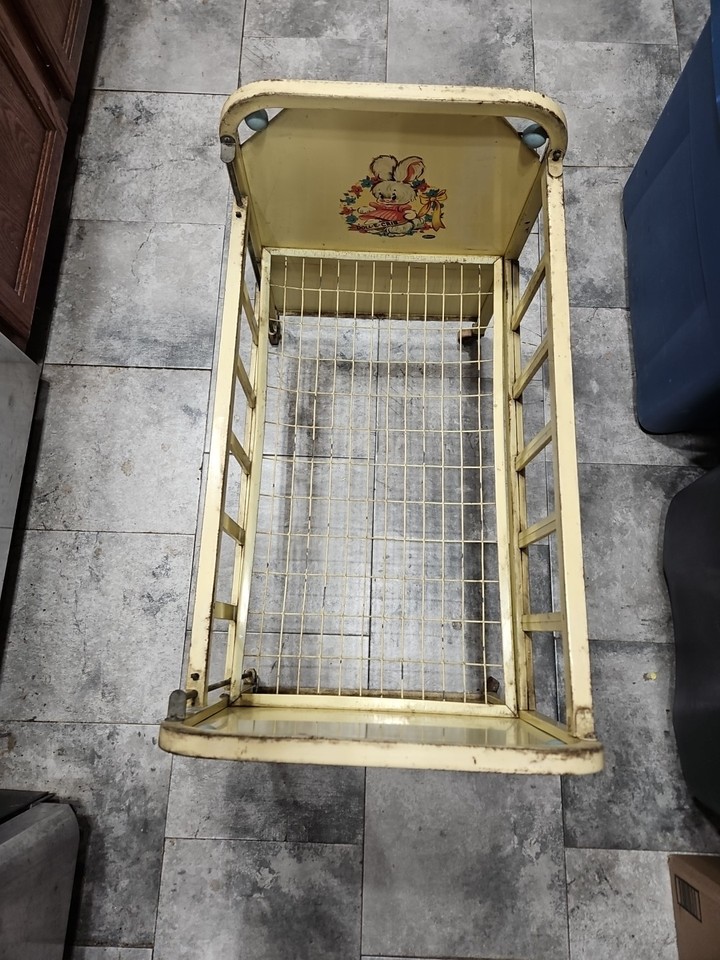 Vintage Amsco Cream Colored Metal Doll E Crib Wooden Wheels Bunny ...