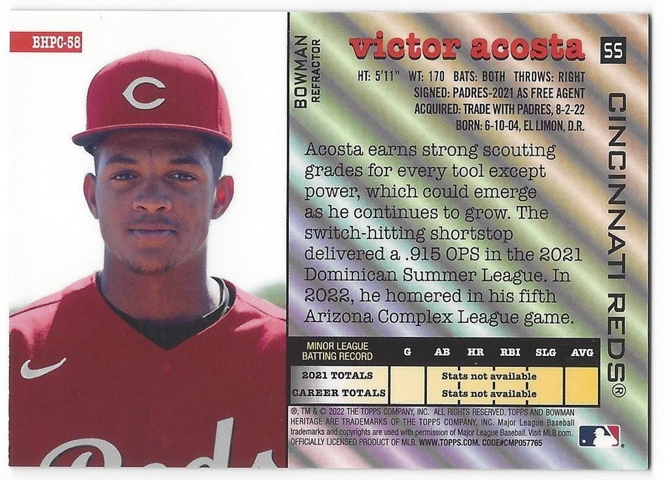 2022 Bowman Heritage #58 Victor Acosta Chrome Refractor Reds #ed 119/ ...