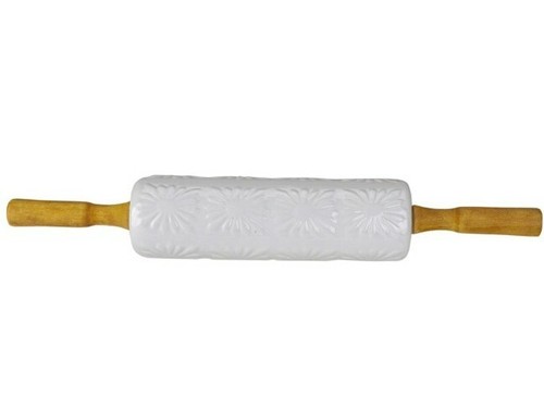 17.5" Rolling Pin ~ White Ceramic ~ Wooden Handles ~ Square Floral ...