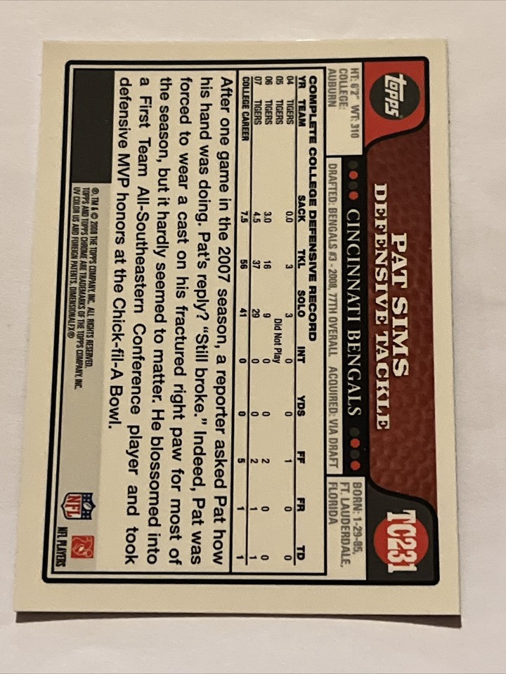 2008 Topps Chrome Football Pat Sims Cincinnati Bengals Rookie Card | eBay