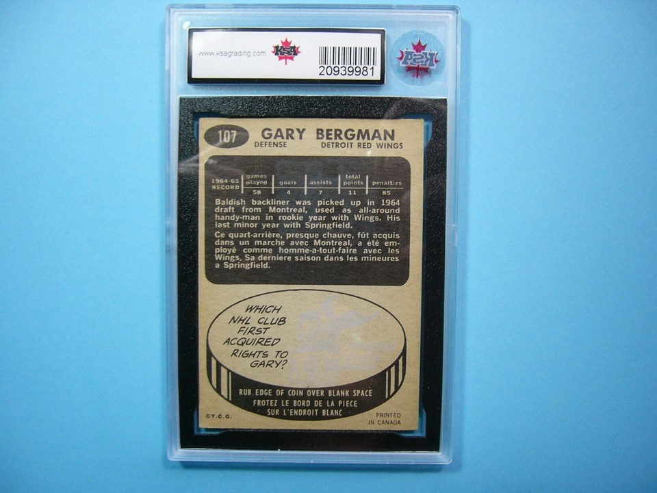 1965/66 TOPPS NHL HOCKEY CARD #107 GARY BERGMAN KSA 6 EX/NM SHARP!! 65/ ...