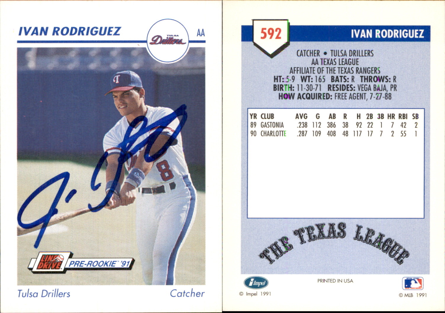 Ivan Rodriguez Signed 1991 Line Drive AA #592 RC Card HOF Rangers Auto ...