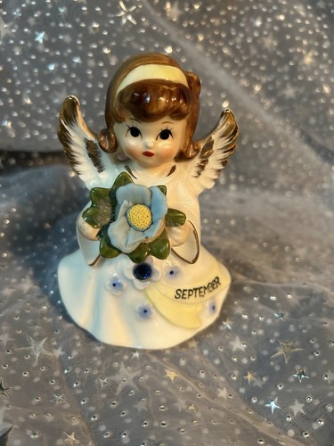 Vtg. LEFTON September Angel Brown Hair Figurine Blue rhinestone flowers ...
