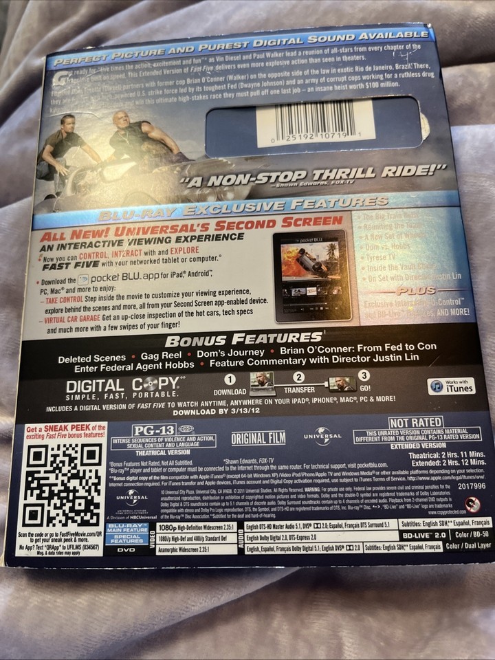 Fast Five Blu-ray Dvd Diesel Walker Dwayne Johnson Rock Racing Movie 2 ...