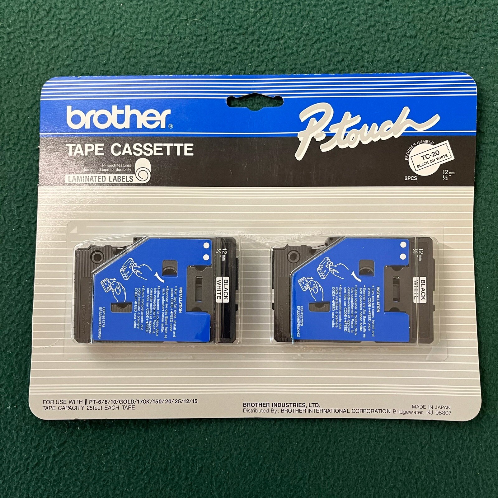 Brother P-touch Label Maker Tape TC-20 Black On White Two Pack 12 mm 1/ ...