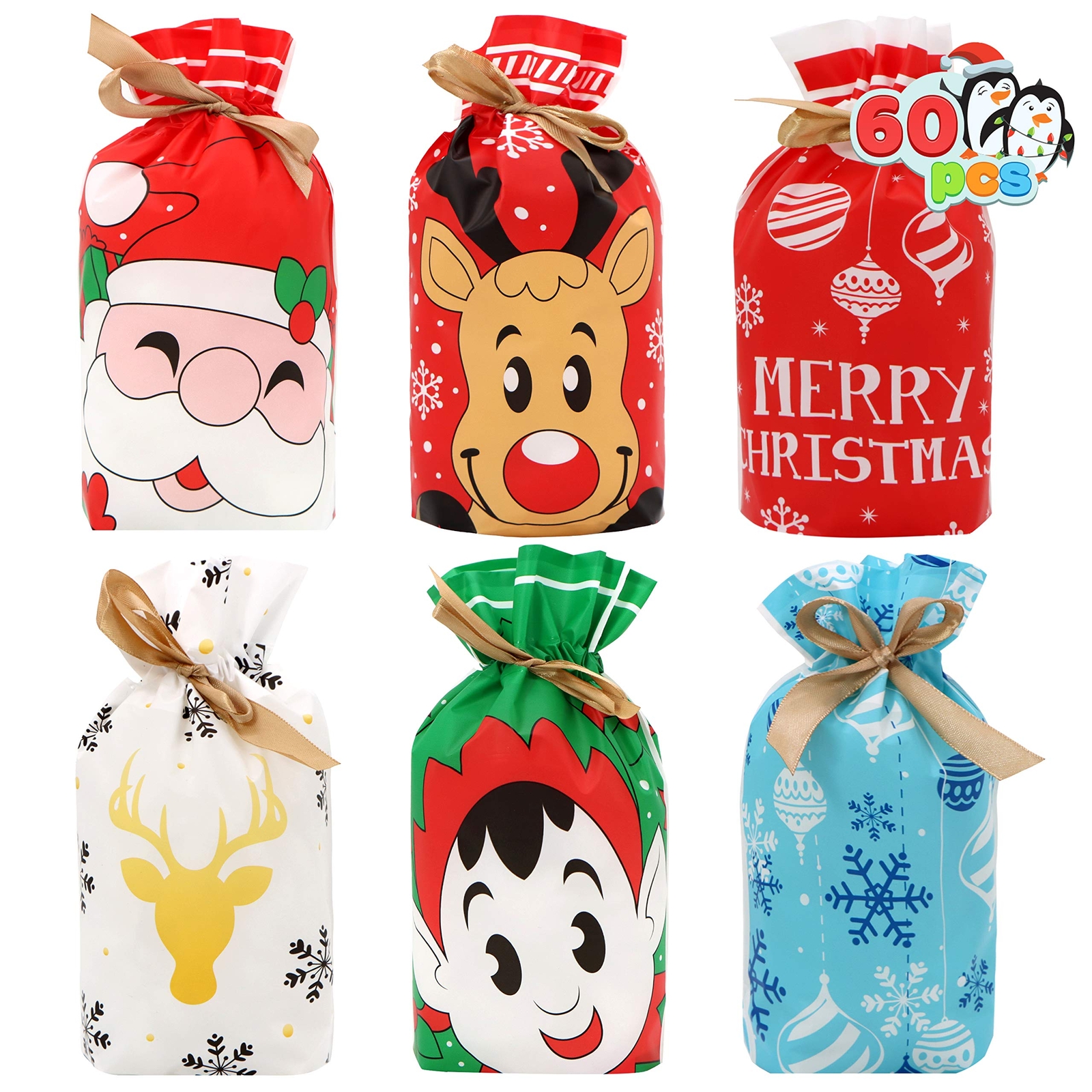 Syncfun 60 Christmas candy treat bags, Goodies Plastic Drawstring Gift ...