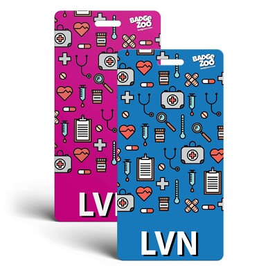 LVN Badge Buddy - Pink/Blue with Medical Icons - Vertical Badge - by ...