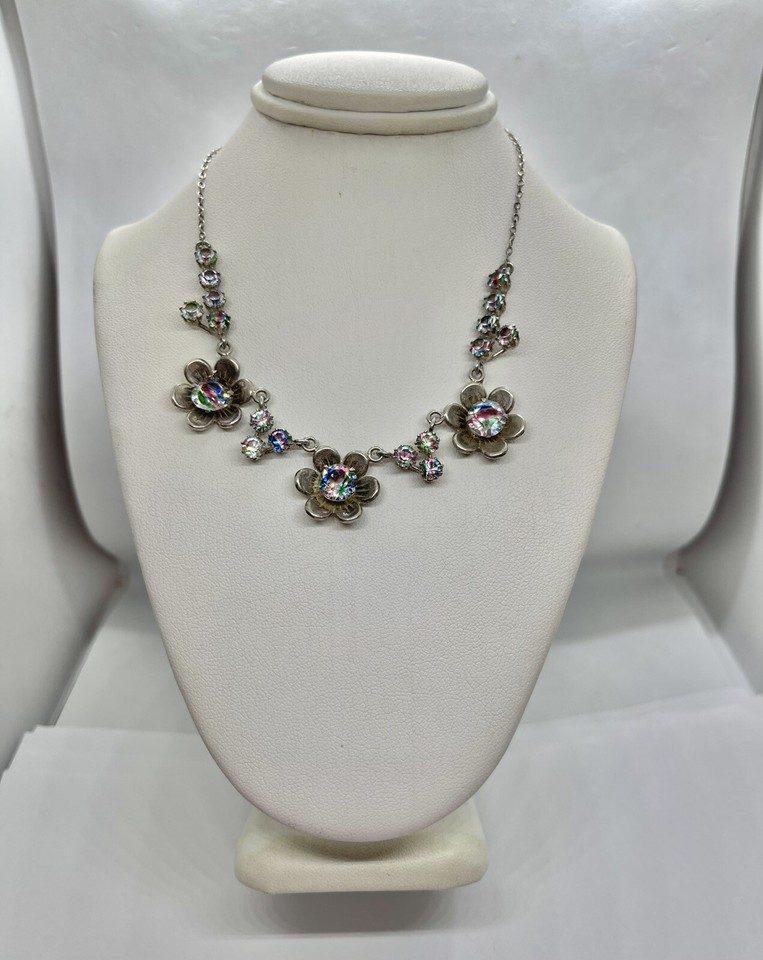 Vintage Retro Era Rainbow Iris Arc Crystal 800 Sterling Silver 3 Flower ...
