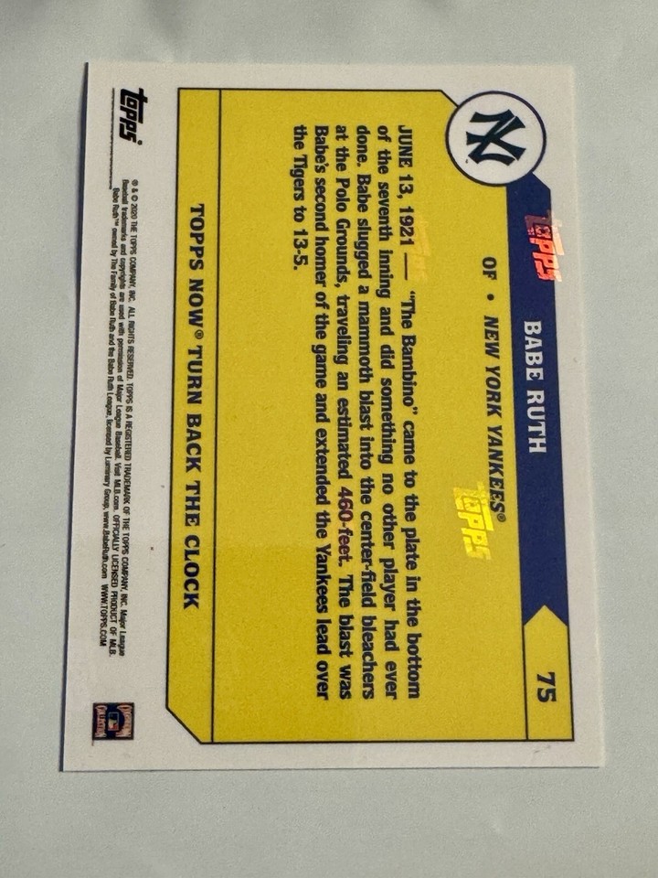 2020 Topps Now Turn Back The Clock #75 Babe Ruth Ash #1/3 Baseball Card ...