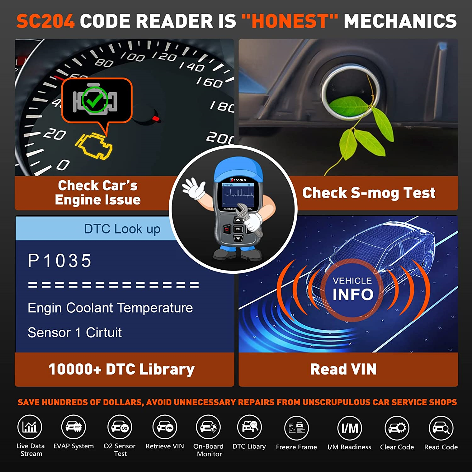 CGSULIT OBD2 Scanner Enhanced SC204 Vehicle OBD Diagnostic Code Reader ...