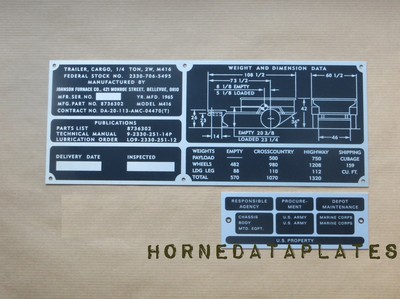 Johnson Furnace Co. M416 Trailer Data Plates ID Tags M38 M38A1 M151 ...