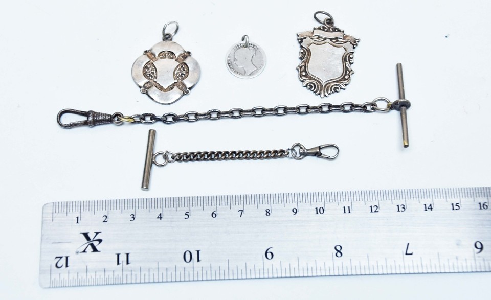 VINTAGE FOBS INC SILVER VICTORIA COIN TYPE +2 SMALL POCKET WATCH CHAINS ...