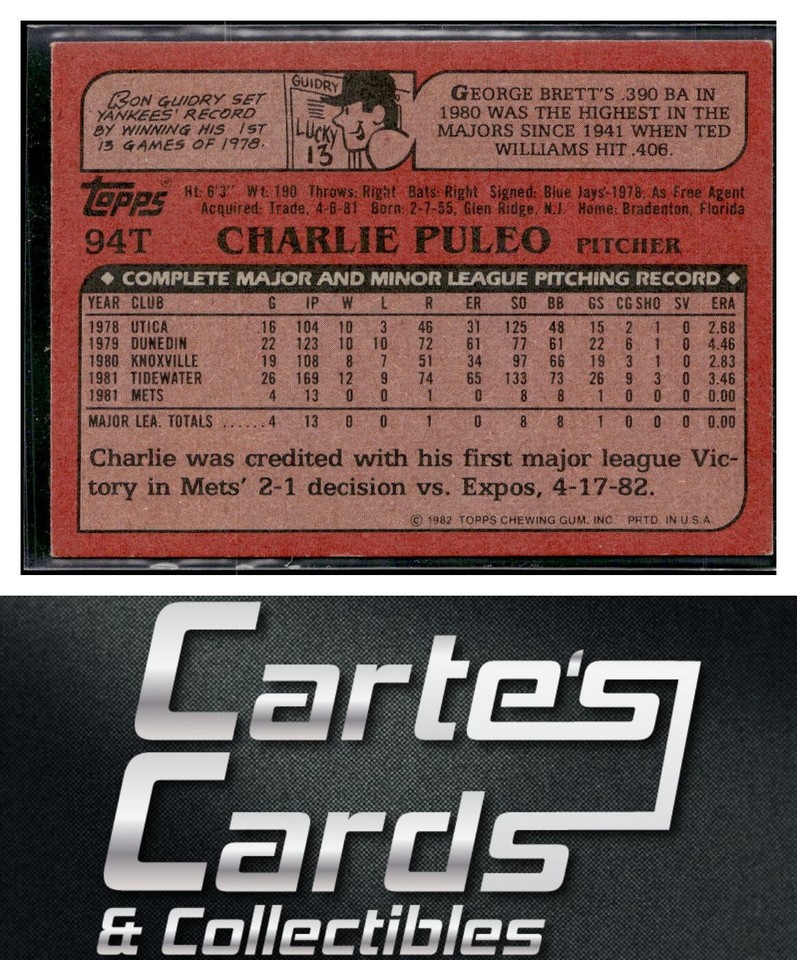 Charlie Puleo 1982 Topps Traded #94T New York Mets TTM/IP Signed ...